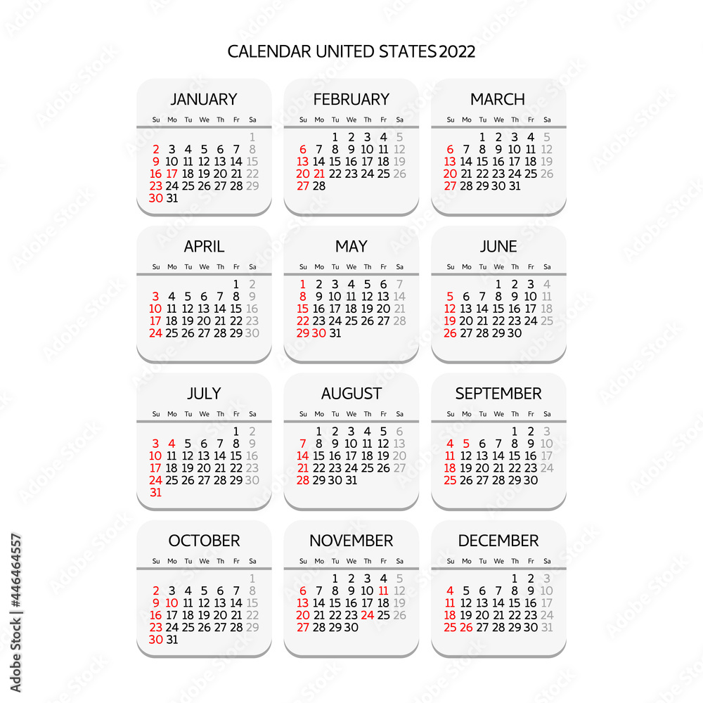2022 Year Calendar. Week starts on Sunday. USA Holidays. Concept for ...