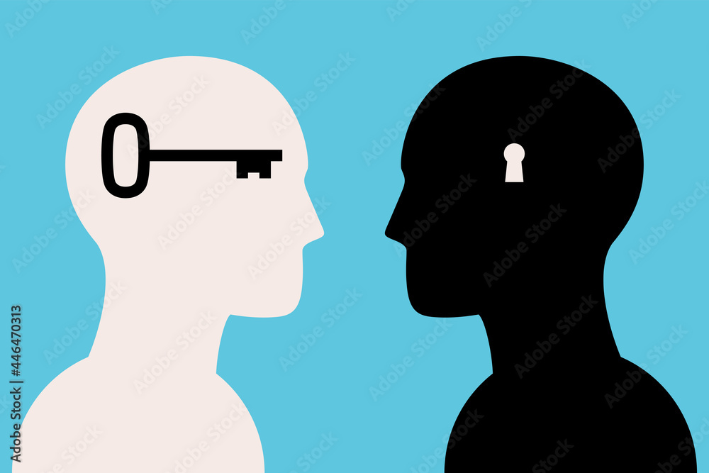 Silhouette of a head with a key and a lock symbol. Open mind concept ...