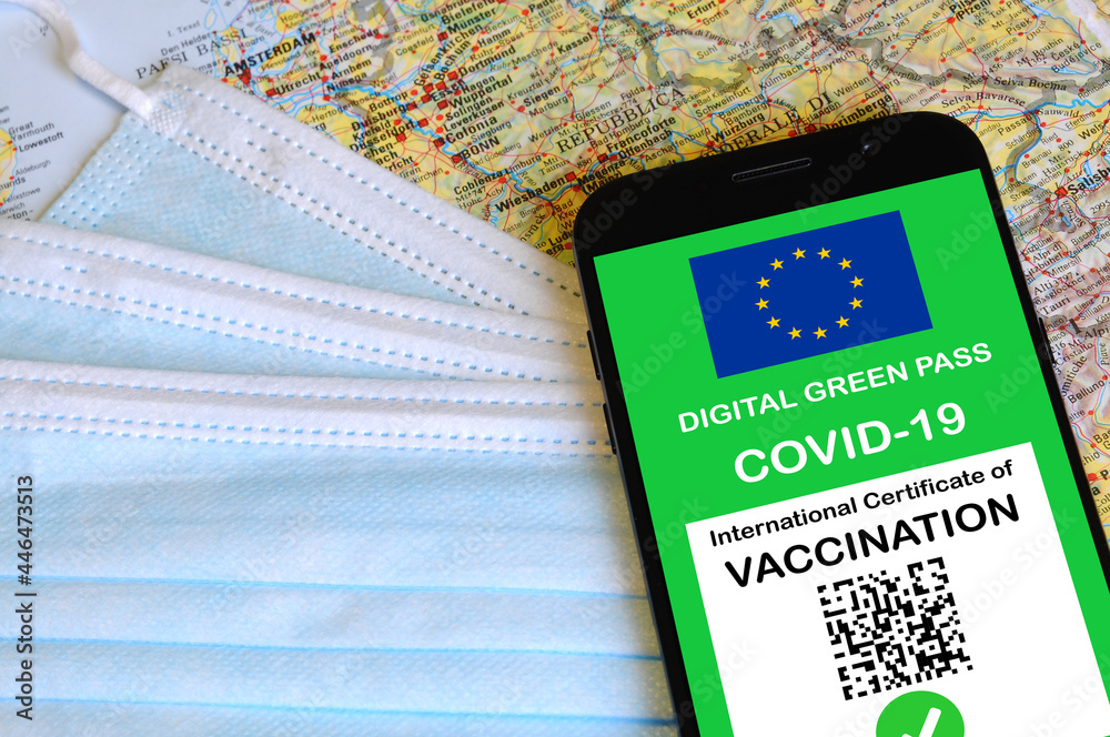 The digital green pass of the European Union with the QR code on the ...