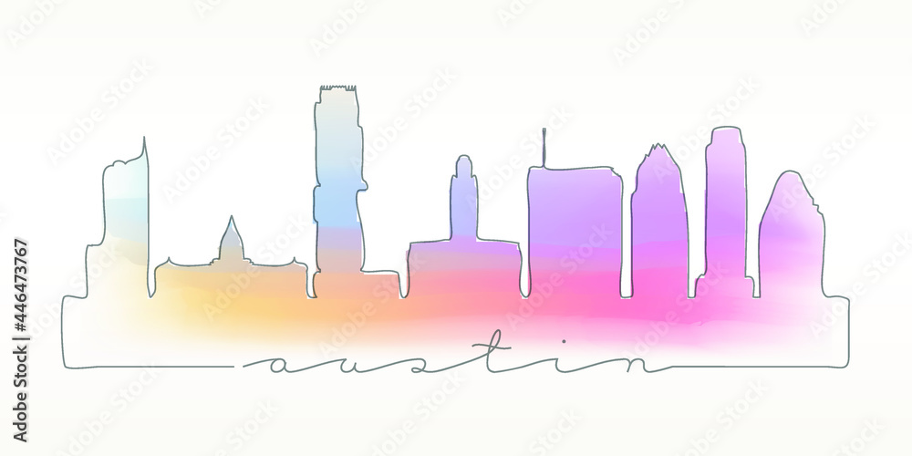 Austin, TX, USA Skyline Watercolor City Illustration. Famous Buildings ...
