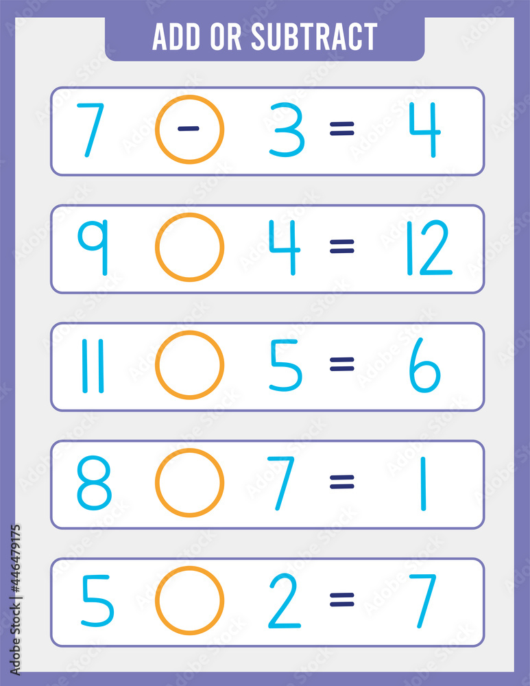 Educational page for young children on addition and subtraction ...