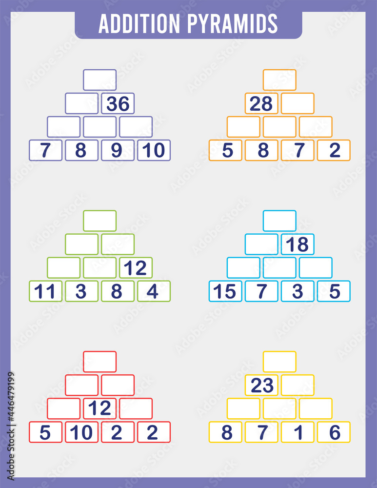 Mathematical addition pyramid game, math worksheet for kids Stock ...