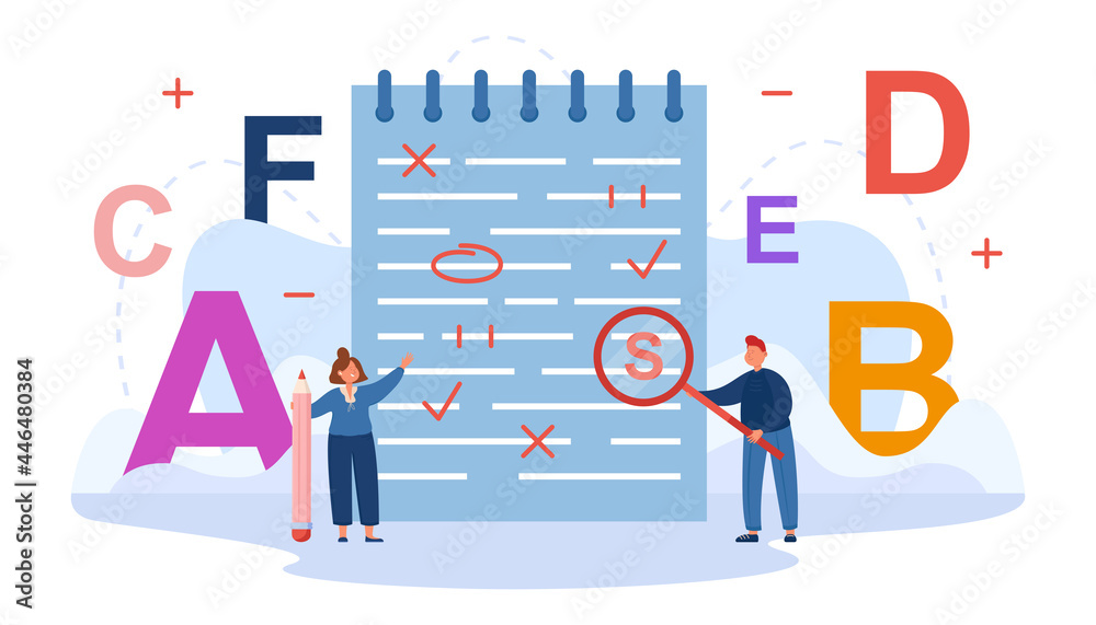 Tiny people correcting grammar mistakes on huge sheet of paper. Cartoon ...