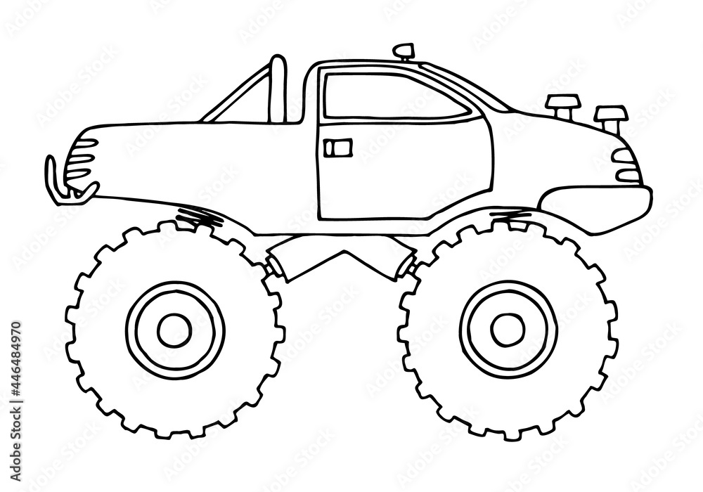 Monster truck in doodle style. Coloring for children. Hand drawn. Stock ...