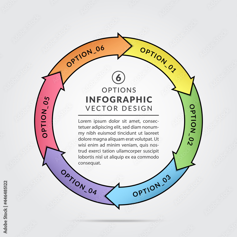 Circular connected infographic charts with 6 options. Circle ...