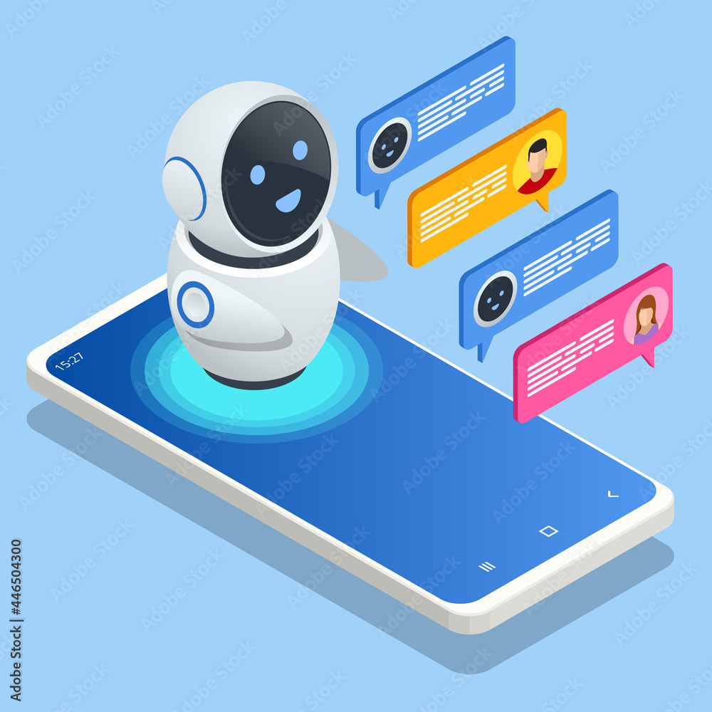 Isometric artificial intelligence. Chat bot and future marketing. AI ...