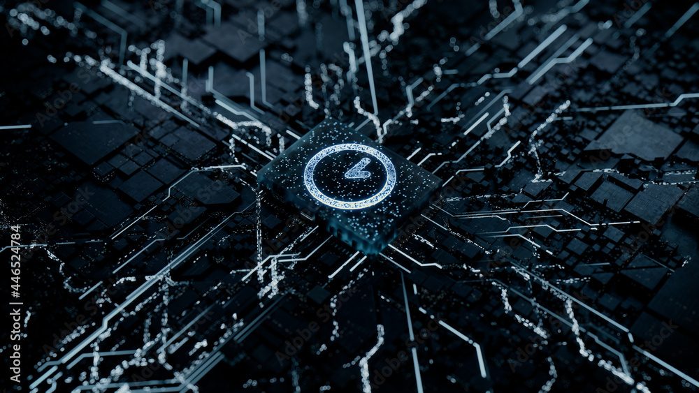 Time Technology Concept with clock symbol on a Microchip. Data flows ...