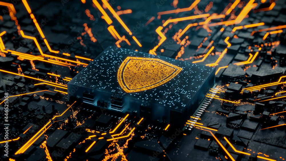 Security Technology Concept with shield symbol on a Microchip. Data ...
