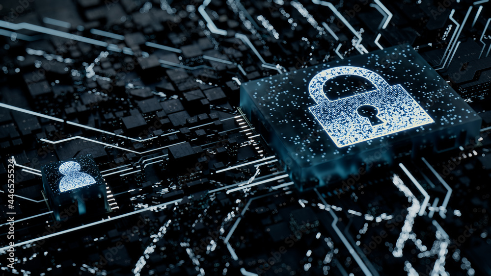 Security Technology Concept with lock symbol on a Microchip. White Neon ...