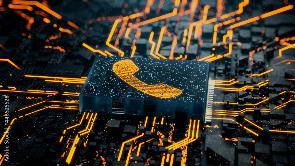 Communication Technology Concept with phone symbol on a Microchip. Data ...