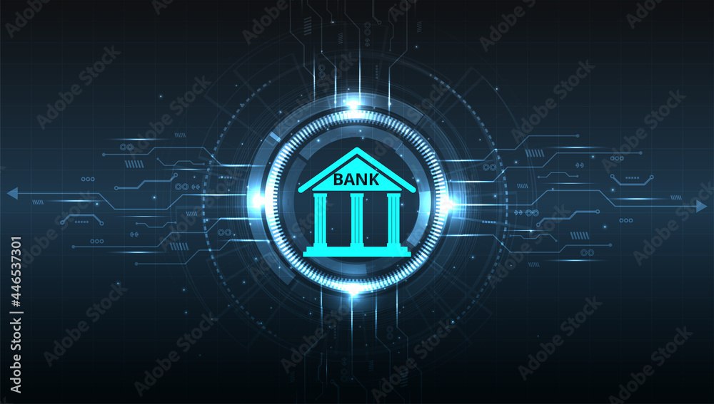 Banking Technology design.Isometric illustration of bank on geometric ...