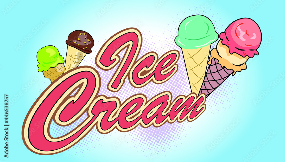 Collections ice cream scoops melting in waffle cones. Vector ...