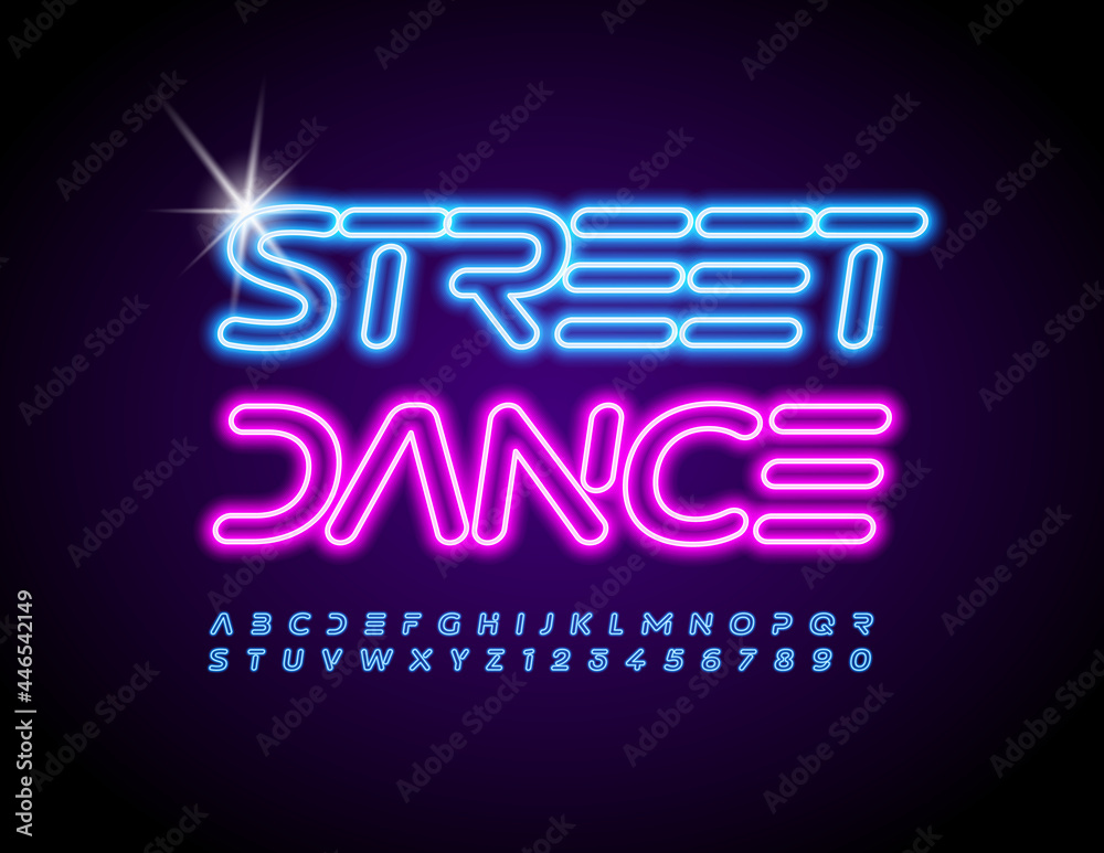 Vector glowing Poster Street Dance. Neon Blue Font. Artistic Alphabet ...