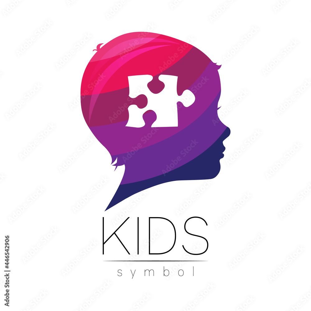 Child logotype with puzzle in few violet colors, vector. Silhouette ...