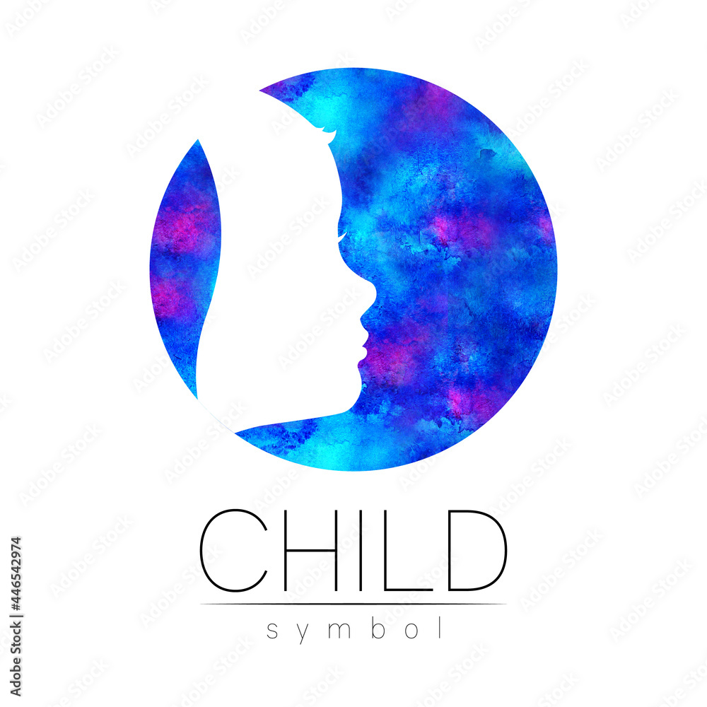 Child logotype in blue circle watercolor. Silhouette profile human head ...