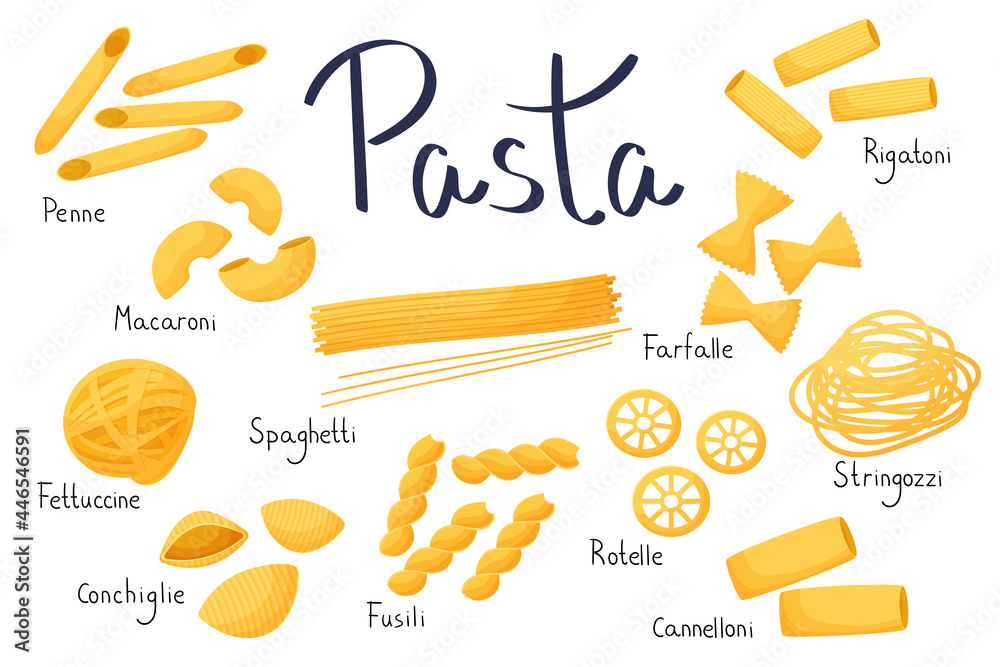 Set of Italian pasta in cartoon style. Types of pastes with names ...