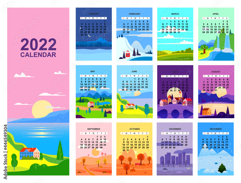 2022 Calendar landscape natural backgrounds of four seasons. Winter ...