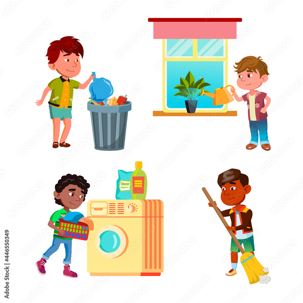 Boys Kids Cleaning And Doing Housework Set Vector. Children Watering ...