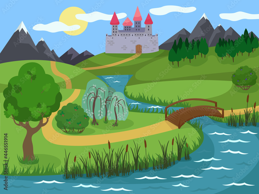 Cartoon landscape with hills, mountains, river and road Stock Vector ...