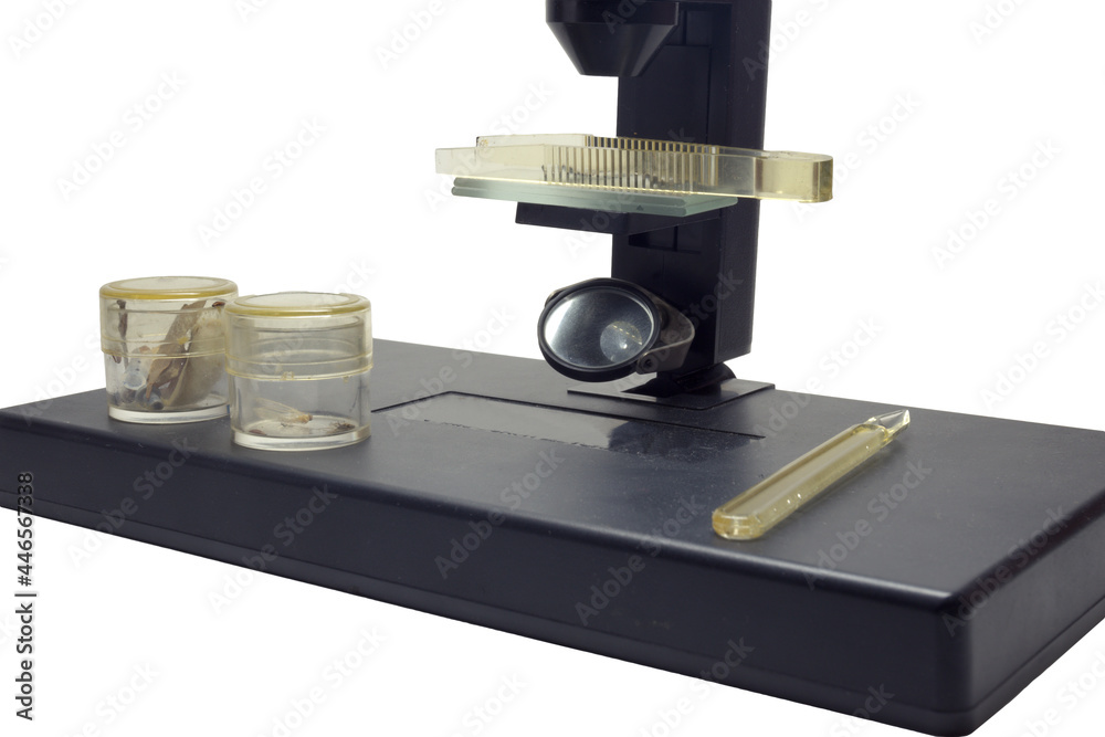 compound microscope with tweezers on slides and dropper and glass jars ...