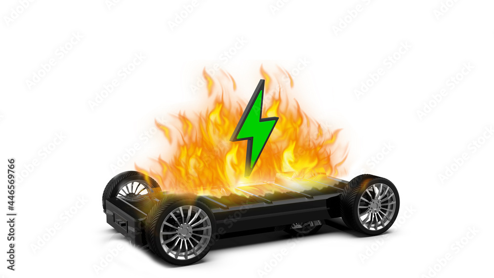 EV battery on fire and burning, electric vehicle lithium ion. hard to ...