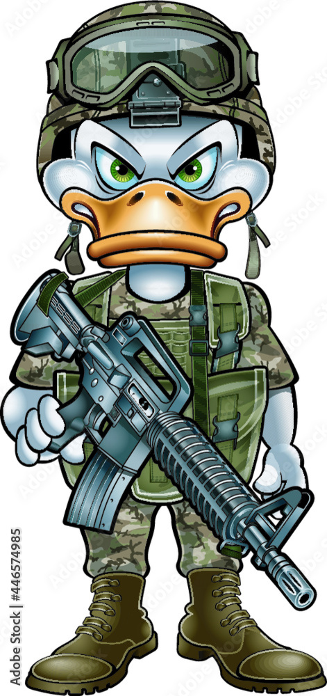 cartoon style duck in military uniform holding assault rifle Stock ...