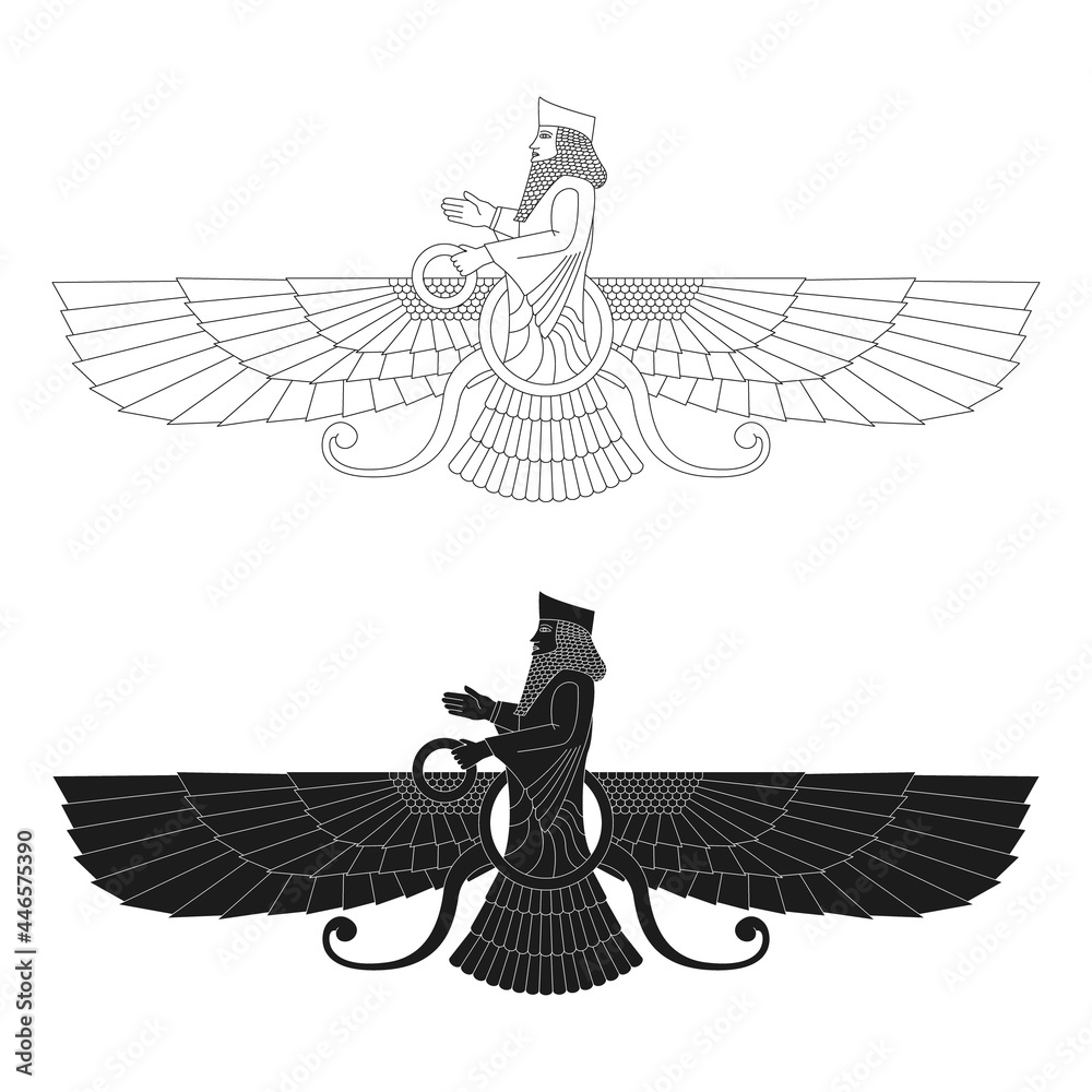 vector monochrome icon with ancient sumerian symbol Faravahar for your ...
