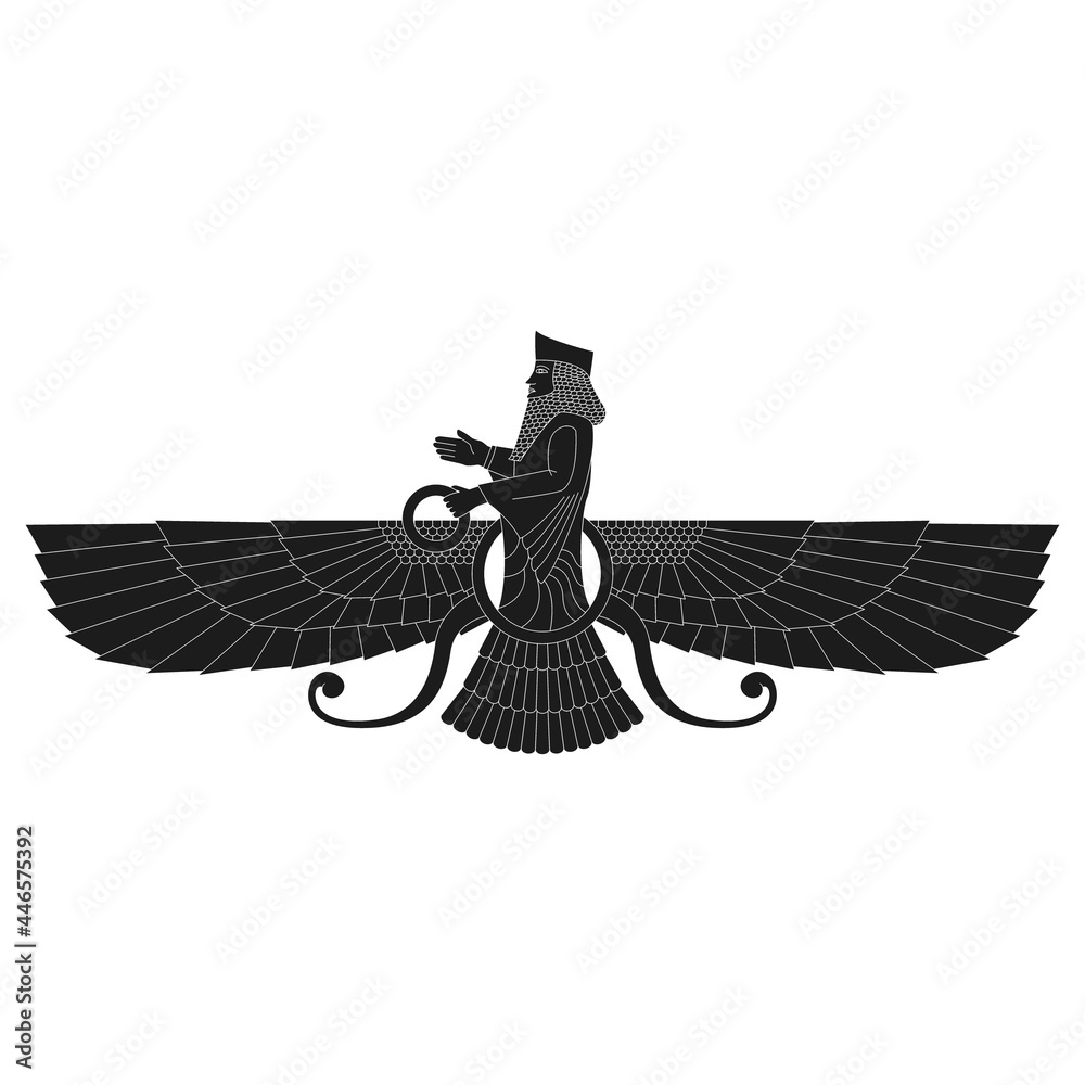 vector monochrome icon with ancient sumerian symbol Faravahar for your ...