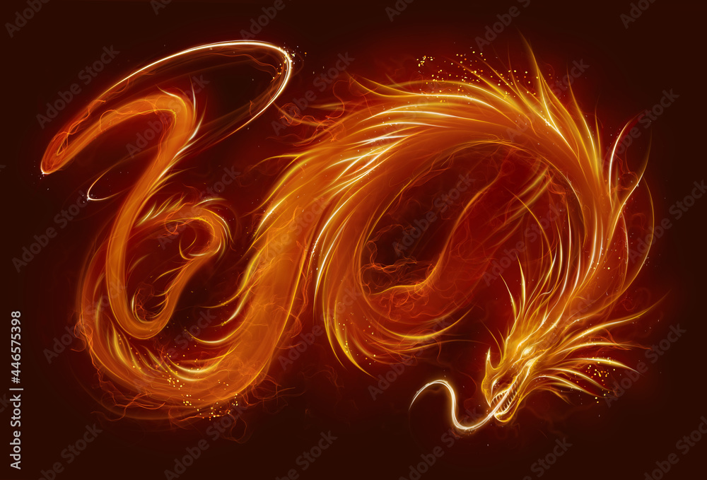 Fire asian dragon horizontal. Fire Asian dragon on the dark background ...