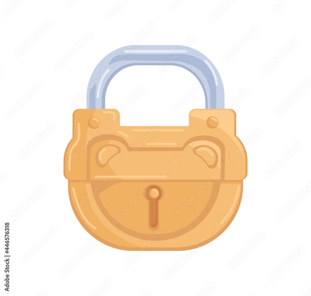 Locked hanging brass padlock with closed metal shackle and keyhole ...