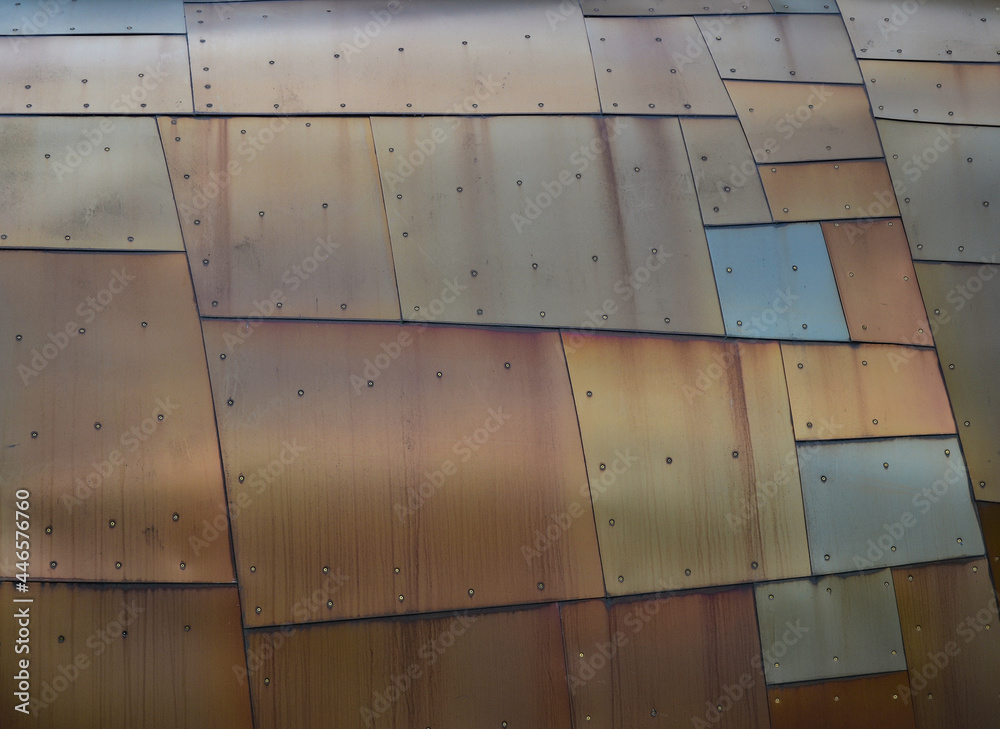 Copper metal plates with rivets and water stains. Muliti color metal ...