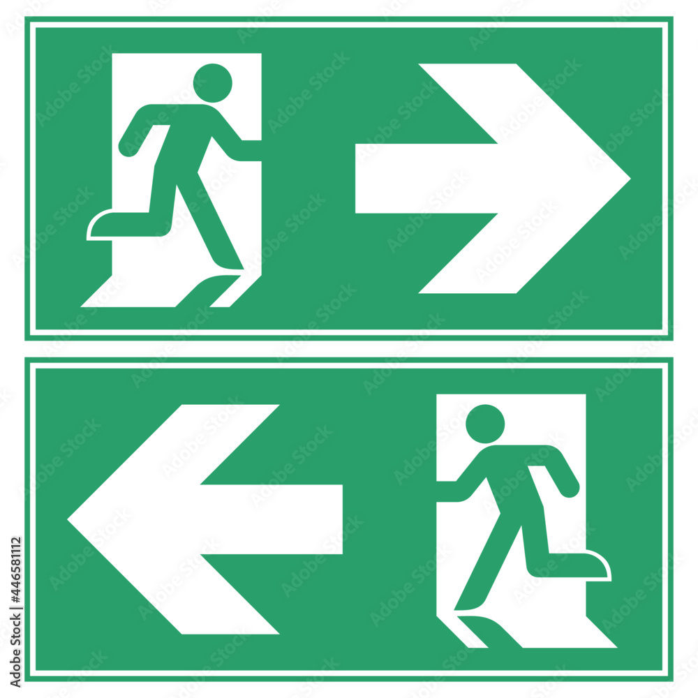 Emergency exit to the left - right sign vector illustration. Green ...