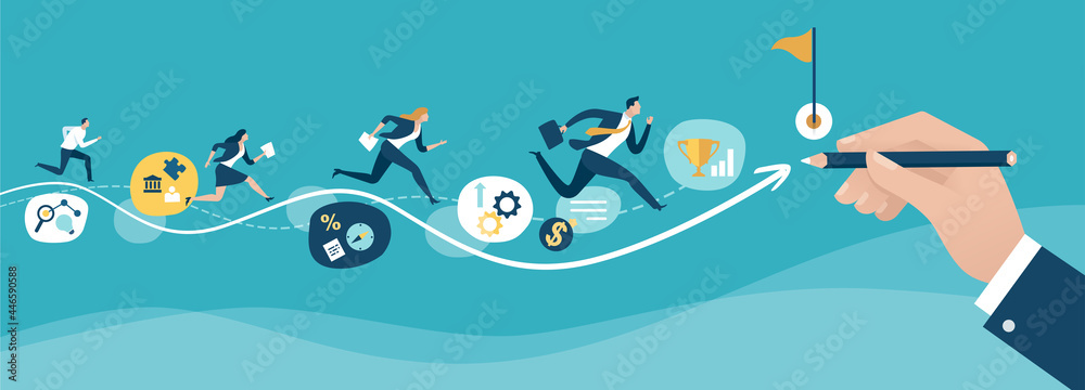 Path to the goal. Businessman‘s hand draws a line leading to the goal ...