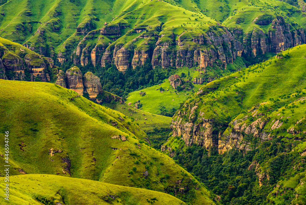 A detailed picture of valley cliffs of Drakensberg mountains in South ...