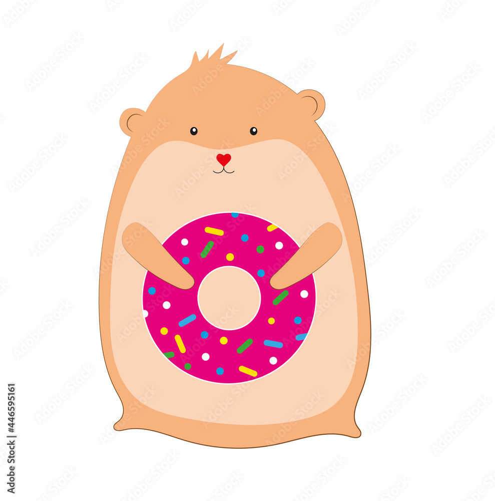 vector drawing illustration of a hamster with a pink donut in its paws ...