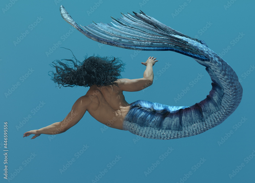 3D render : a merman creature is swimming under the sea Stock ...