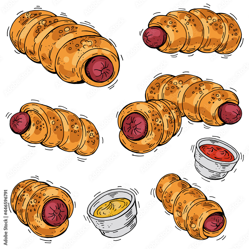 Collection of hand drawn vector Bagel Dog. Baked sausage in the dough ...
