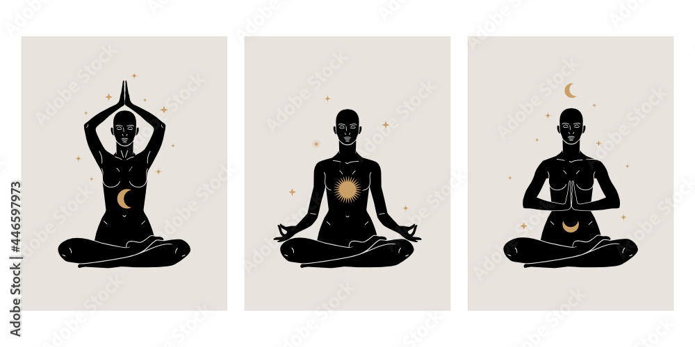 Mystical woman in lotus pose in boho style with celestial. Concept of ...