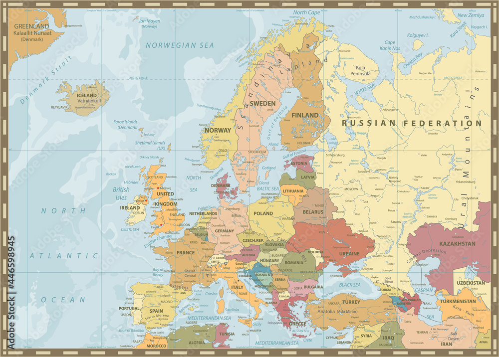 Europe Political Map. Vintage Colors and Bathymetry Stock Vector ...