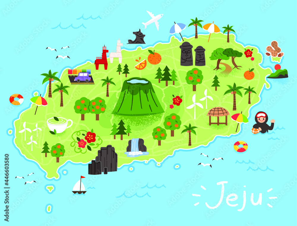 A map of Jeju Island's tourist attractions and routes. Haenyeo ...
