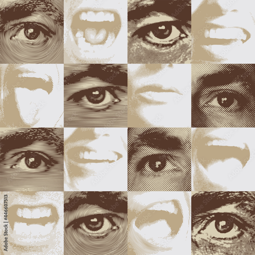 Seamless pattern in retro style with human eyes and mouths expressing ...