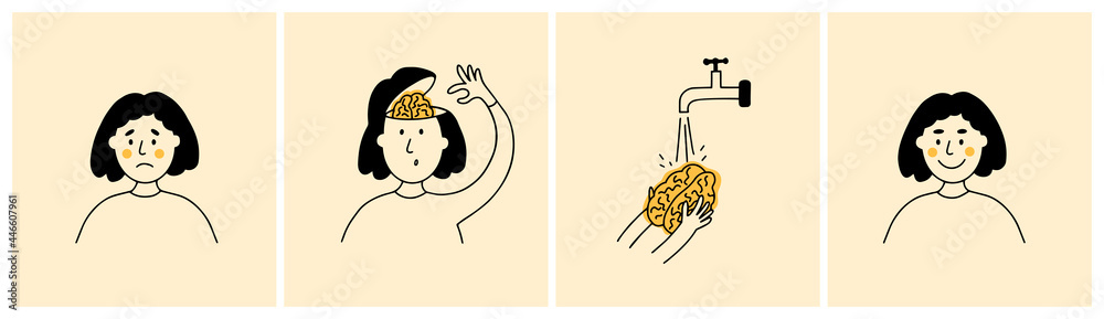 Set of vector illustrations of female character washing her brain ...