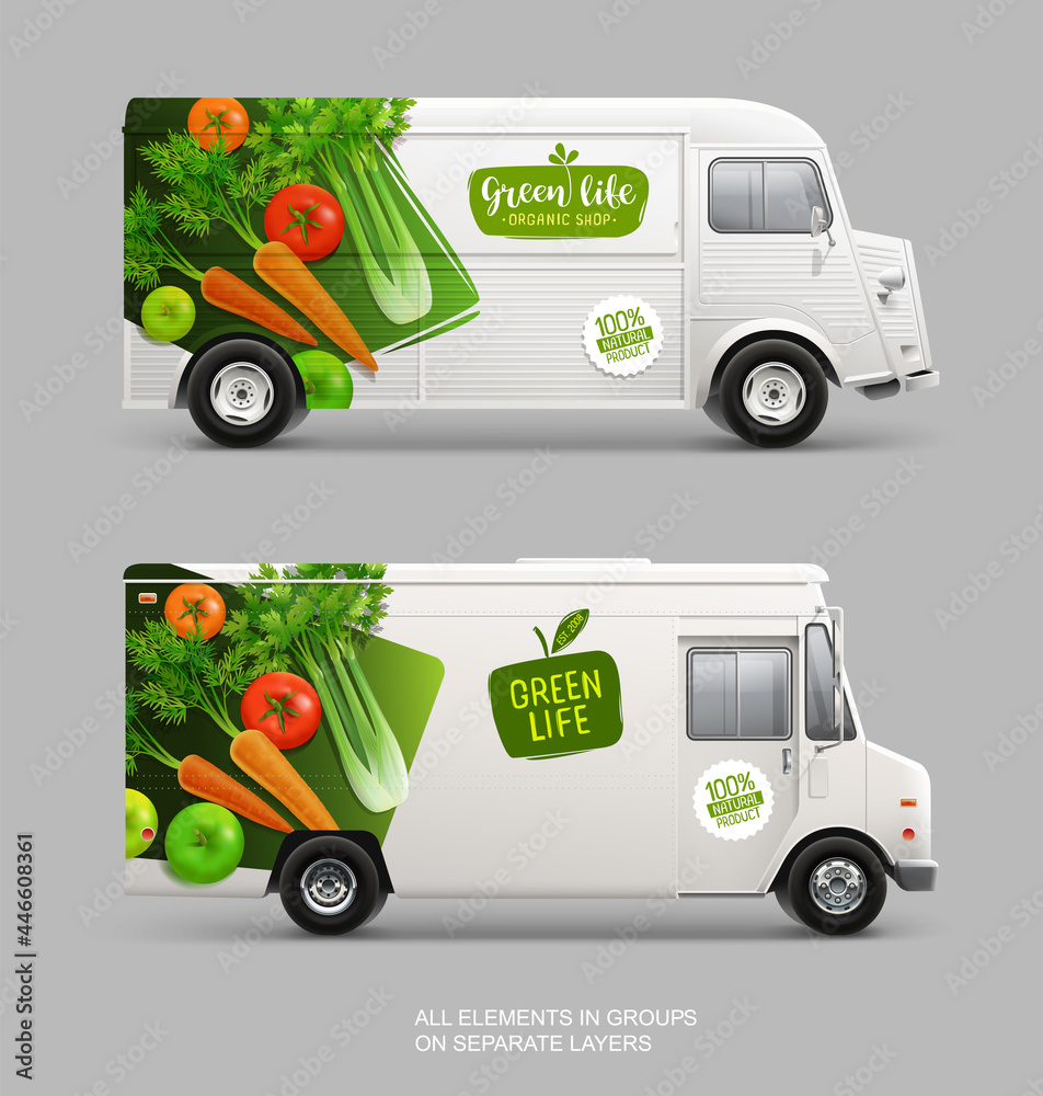 Set of Food Delivery Truck Vegetal branding with logo design template ...