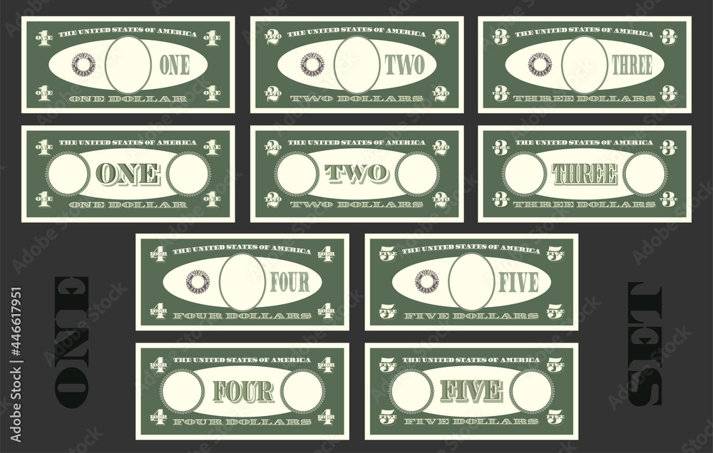 First set of US paper money samples with empty ovals. Banknotes in ...