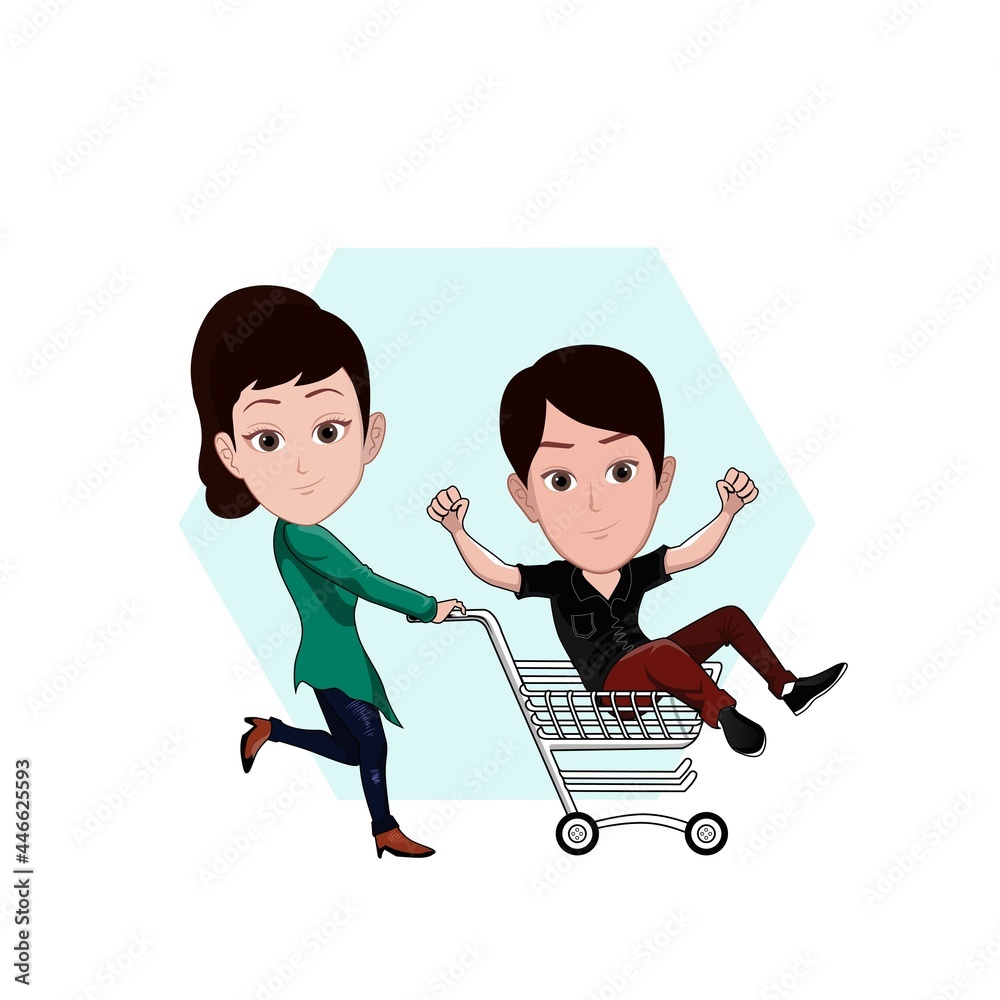 cartoon caricature a couple is going to a grocery store to shop with a ...