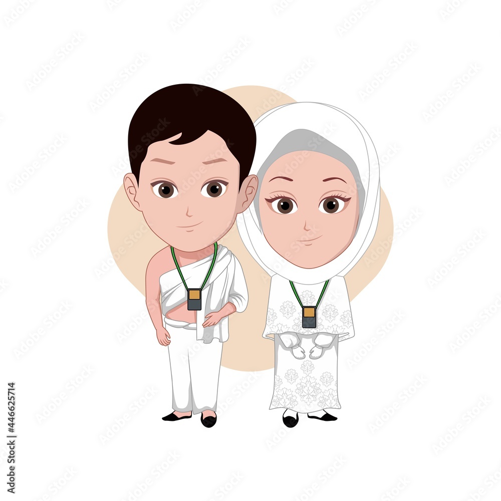 cartoon caricature couple wears Ihram to go to Mecca Stock Vector ...