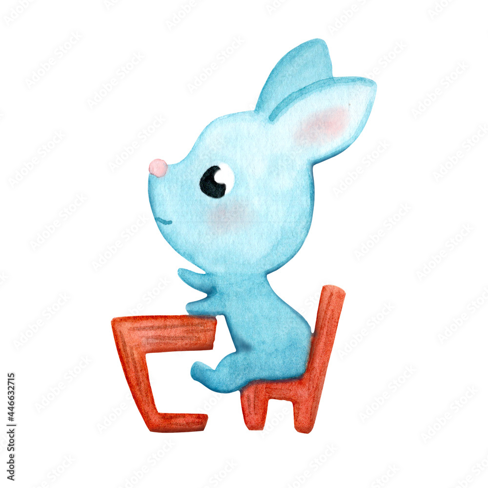 Cute bunny on school table, watercolor clipart on white background ...