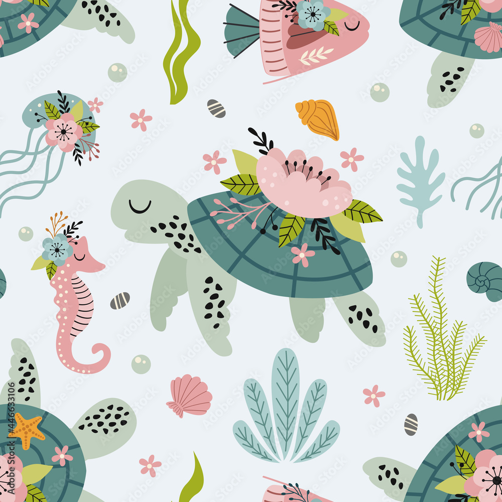 seamless pattern with turtle and sea life Stock Vector | Adobe Stock