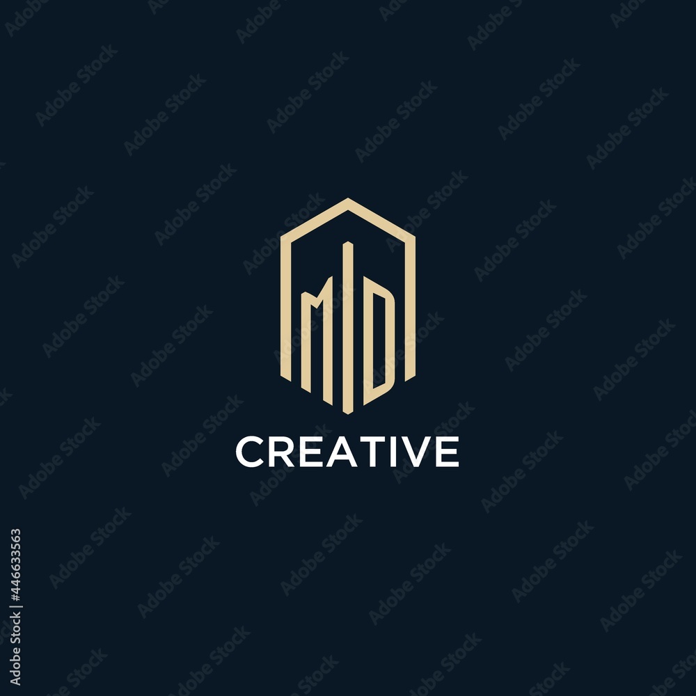 MD initial monogram logo with hexagonal shape style, real estate logo ...