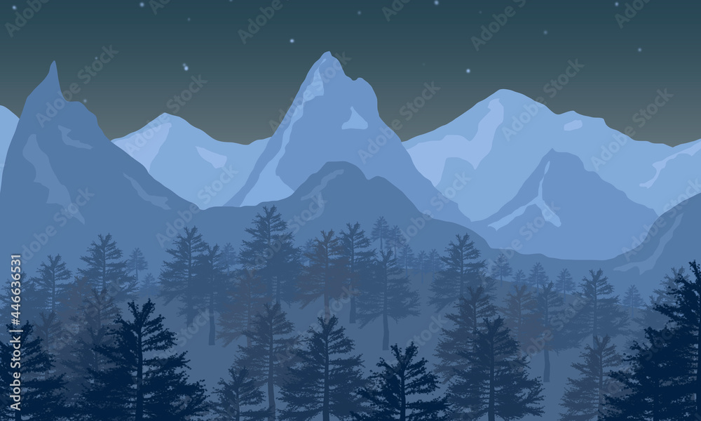 Bitmap image of the night sky of the forest, mountains, stars ...